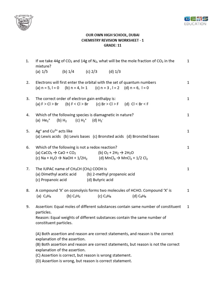 Grade 11 Chemistry Revision Worksheet | PDF | Quantum Mechanics ...