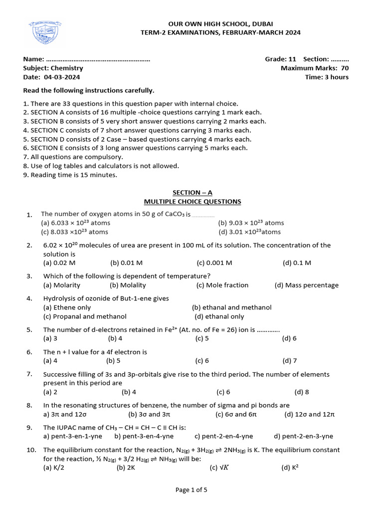 Chemistry - Sample Paper-Annual 2023-24 | PDF | Mole (Unit) | Atomic ...