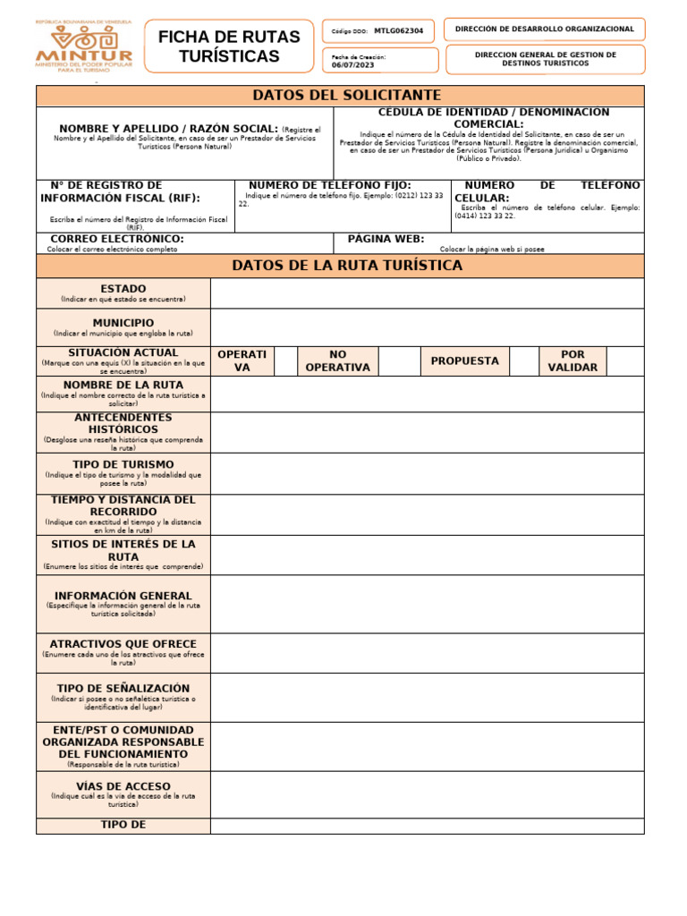 MTLG062304 FICHA DE RUTAS TURISTICAS CON INSTRUCTIVO | PDF | Turismo ...