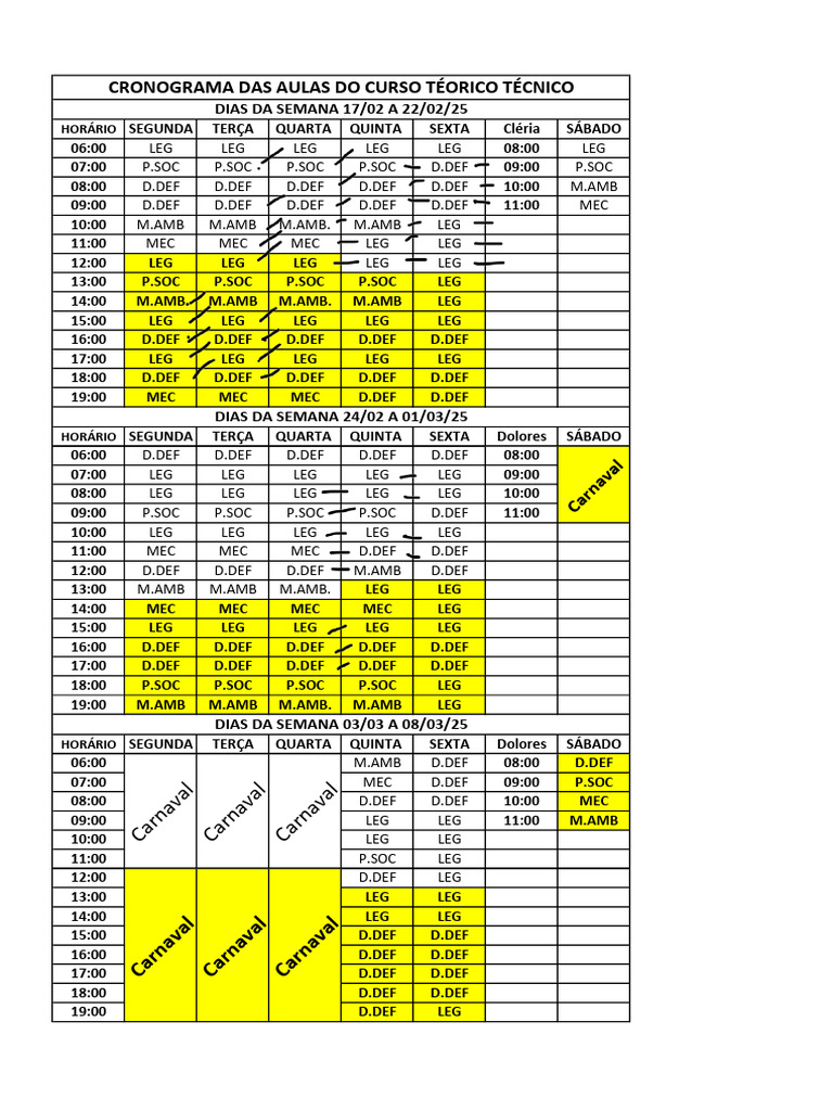 Horario Fev Mar | PDF