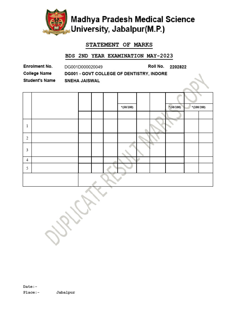 MPMSU BDS2ND MarksheetStudent | PDF