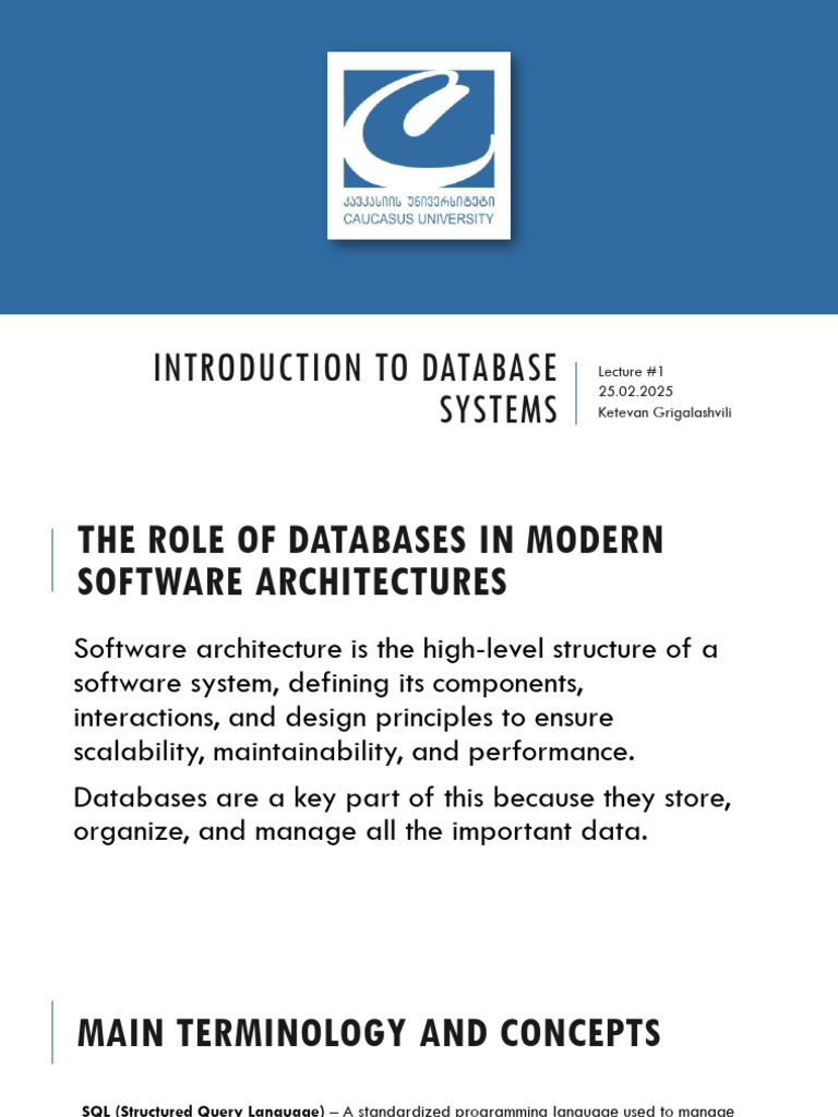 Introduction To Database Systems: Lecture #1 25.02.2025 Ketevan Grigalashvili | PDF | Databases ...