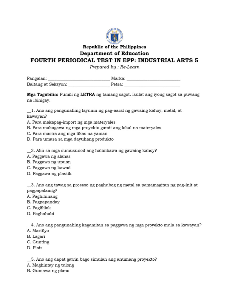 Q4 EPP - INDUSTRIAL ARTS 5 (Re-Learn) | PDF