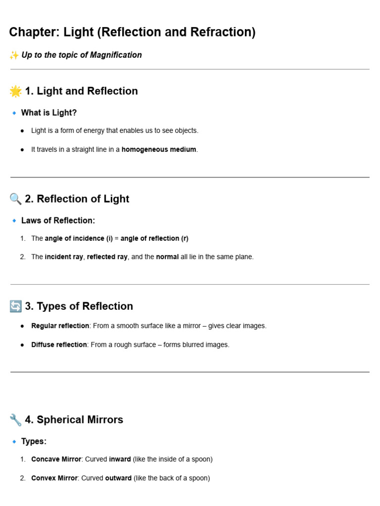Chapter - Light (Reflection and Refraction) NOTES | PDF | Reflection ...