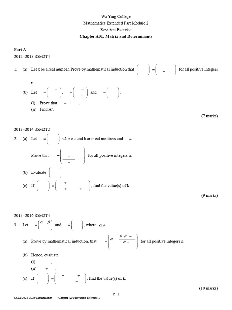 2022-2025 M2 A01 Revision Exercise | PDF | Matrix (Mathematics) | Abstract Algebra