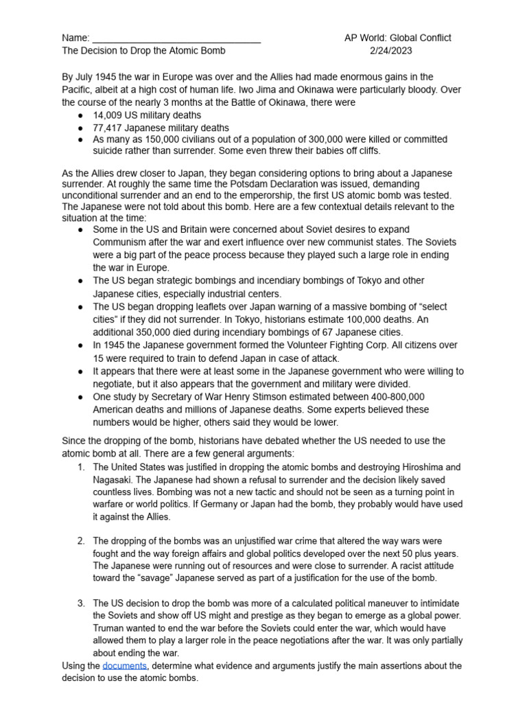 Copy of The Decision to Drop the Atomic Bomb | PDF | Empire Of Japan ...