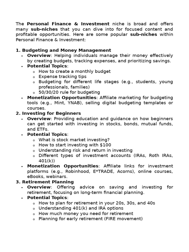 Personal Finance Sub-Niches Guide | PDF | Investing | Cryptocurrency