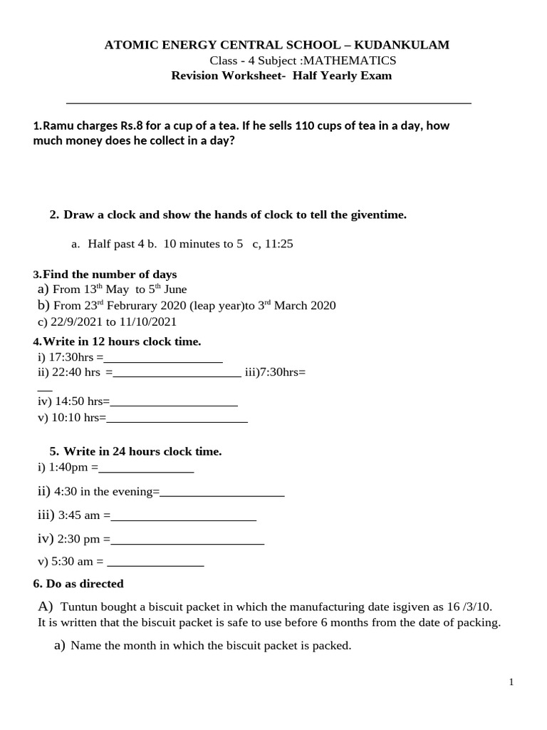 Class 4 Maths Half Yearly Revision Worksheet | PDF