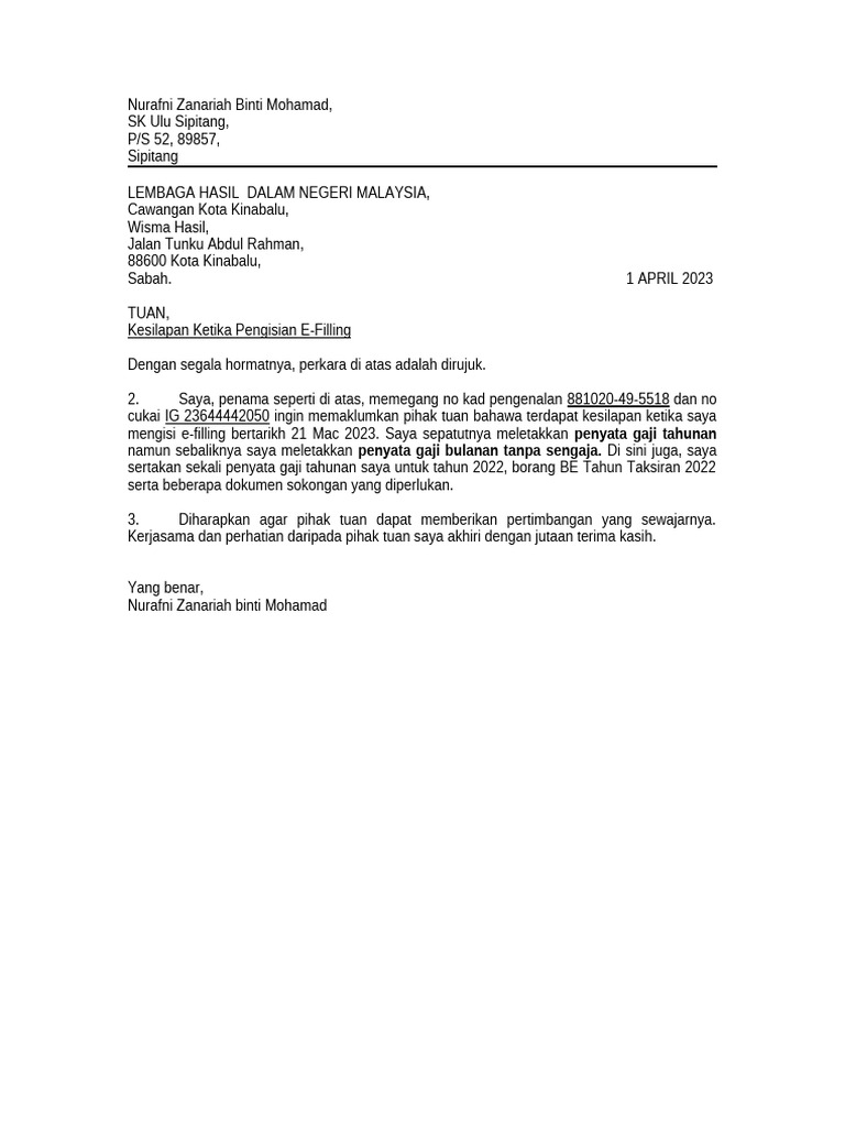 Surat Rayuan Kesilapan E-Filing LHDN | PDF