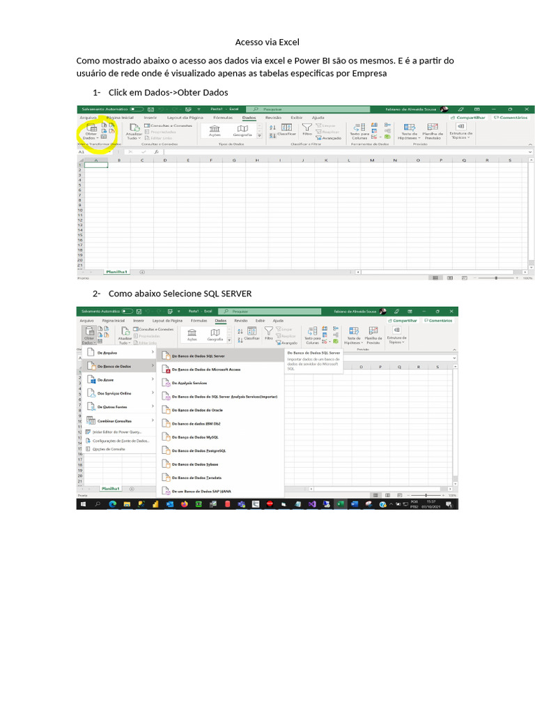 Acesso Power BI e Excel Banco de Dados SQL SERVER | PDF