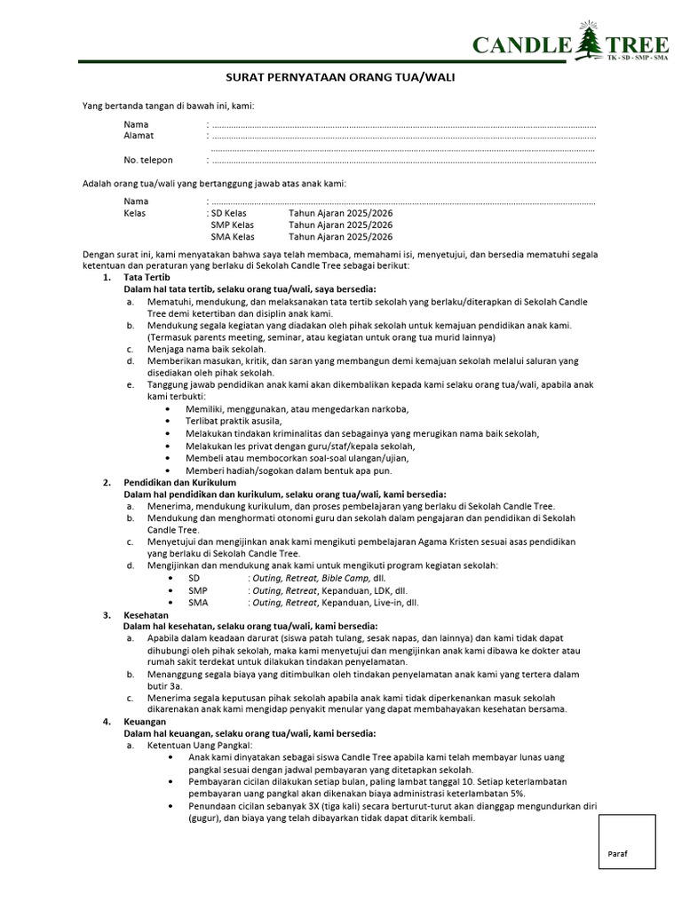Surat Pernyataan Orang Tua/Wali Sekolah | PDF