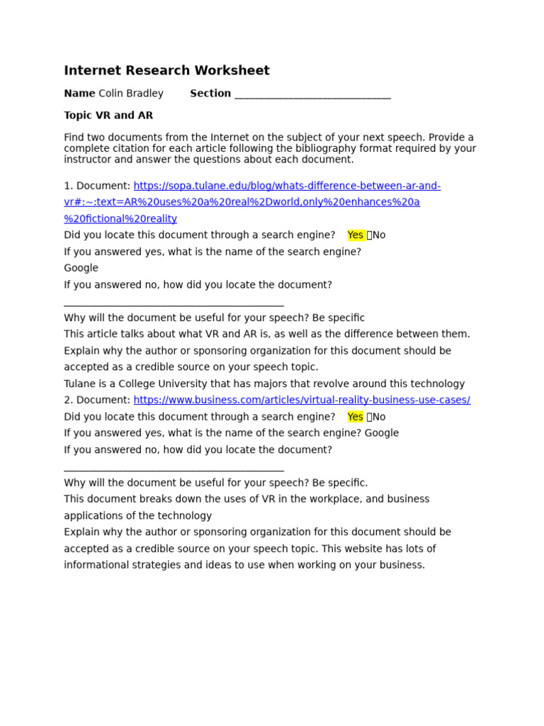 VR and AR Research Worksheet | PDF