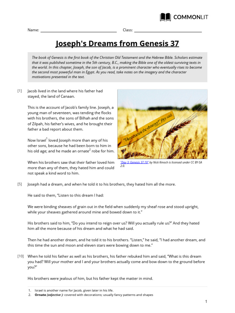 Commonlit - Joseph S Dreams From Genesis 37 - Student | PDF | Jacob ...