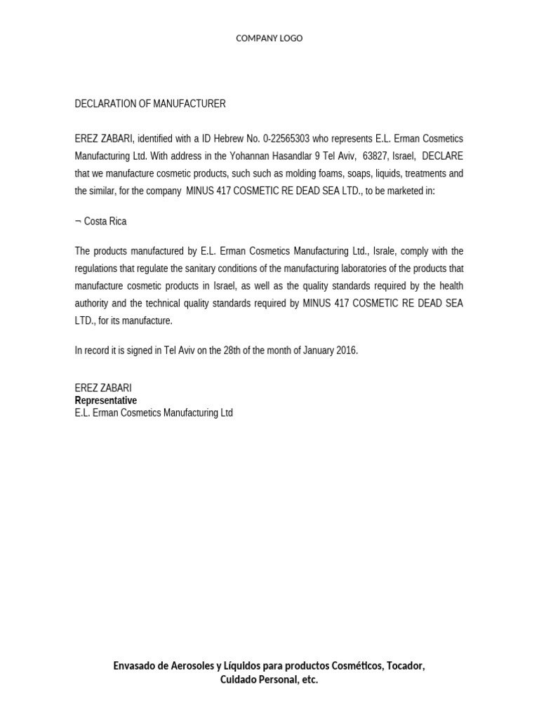 Manufacturer Declaration for Cosmetics | PDF