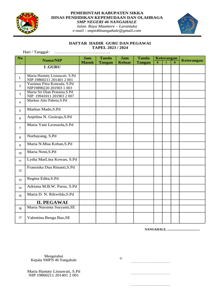 Daftar Hadir Guru Dan Pegawai Copi | PDF