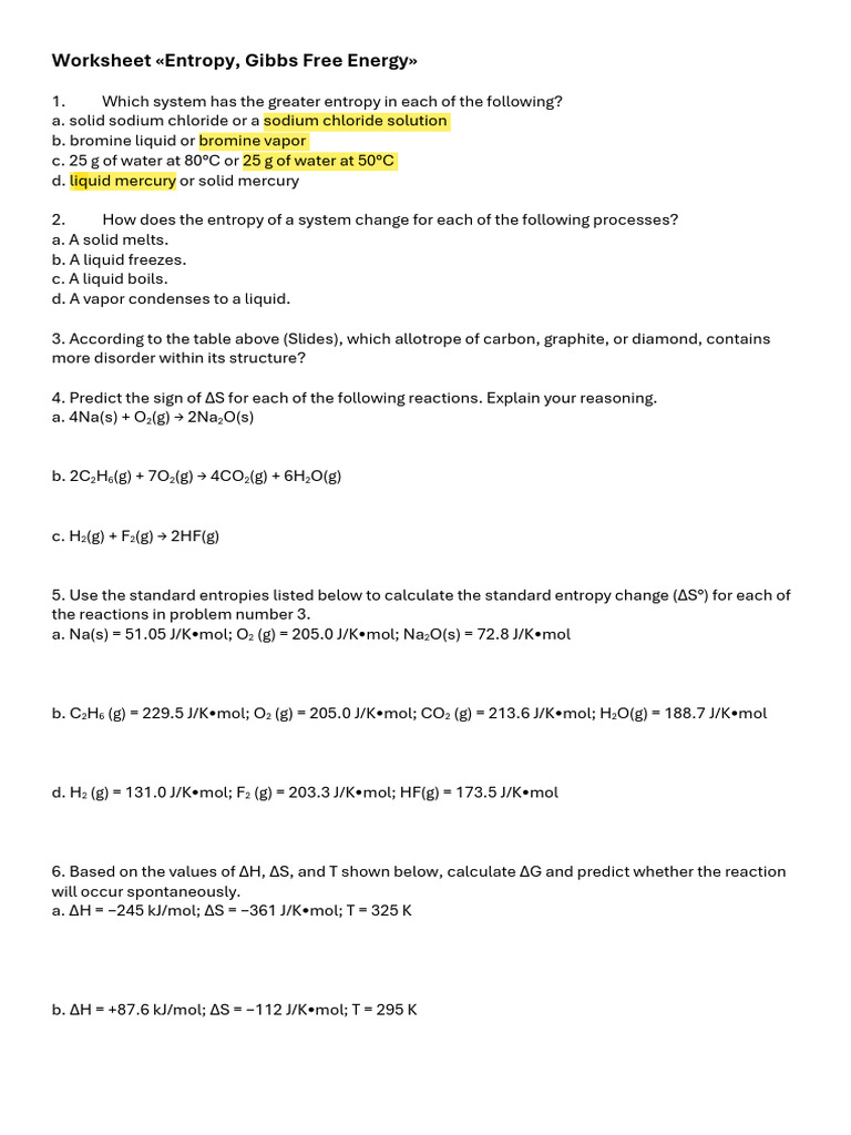 WS Entropy Gibbs Free Energy | PDF