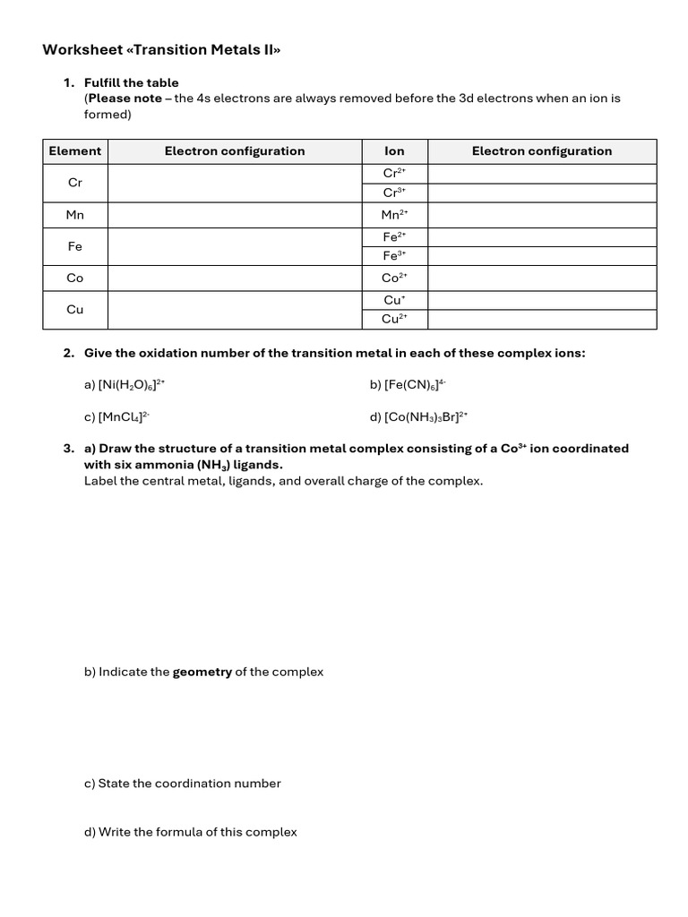 Transition Metals Worksheet Activities | PDF