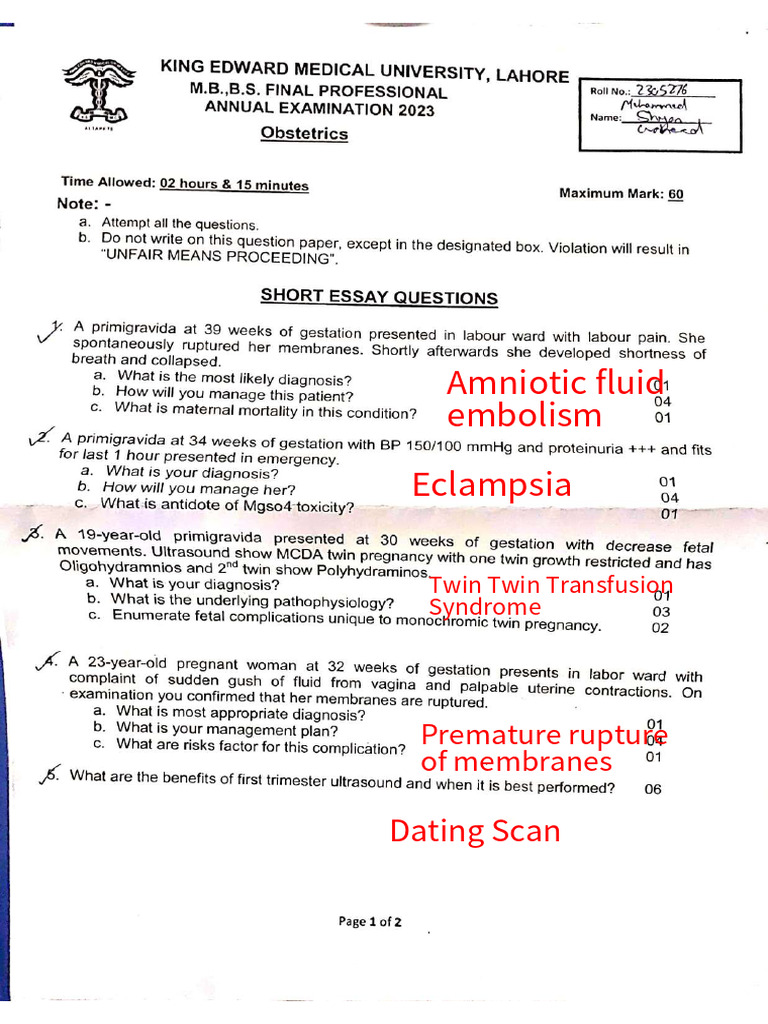 Solved Obstetrics Past Papers 2020-23 | PDF