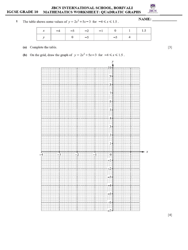IGCSE Grade 10 Quadratic Graphs Worksheet | PDF