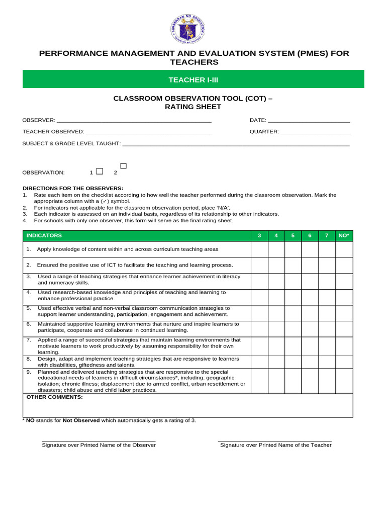PMES Rating Sheet for Teachers 2025-2026 | PDF | Learning | Teachers