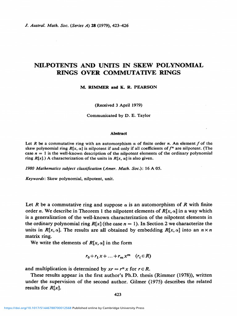 Nilpotents and Units in Skew Polynomial Rings Over Commutative Rings | PDF | Ring (Mathematics ...