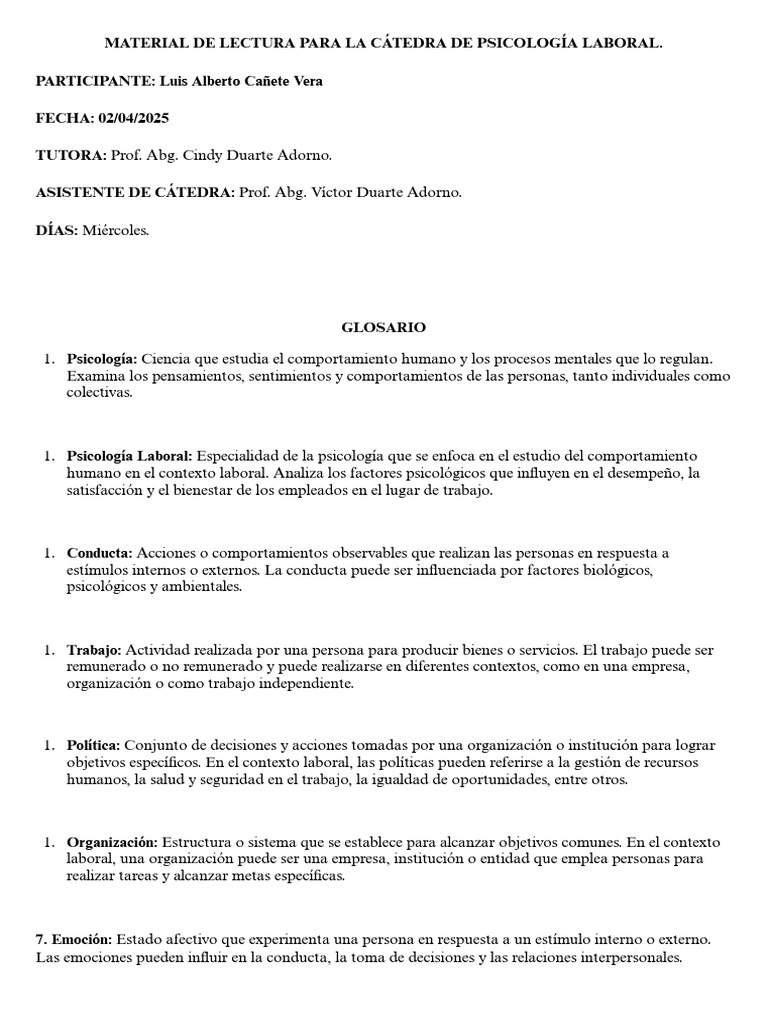 GLOSARIO - Docx 20250403 202243 0000 | PDF | Comportamiento | Sicología