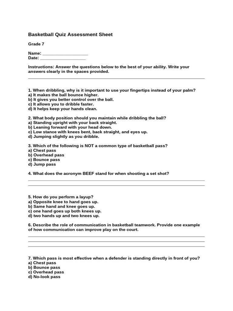 Basketball G7 Quiz Assessment Sheet | PDF