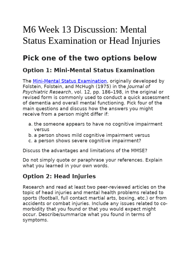 M6 Week 13 Discussion - Mental Status Examination or Head Injuries ...