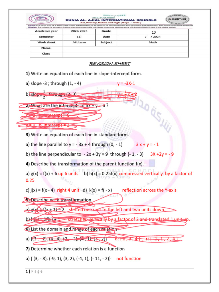 Midterm Worksheet Grade 10 1st Term Answers | PDF | Mathematical Objects | Equations