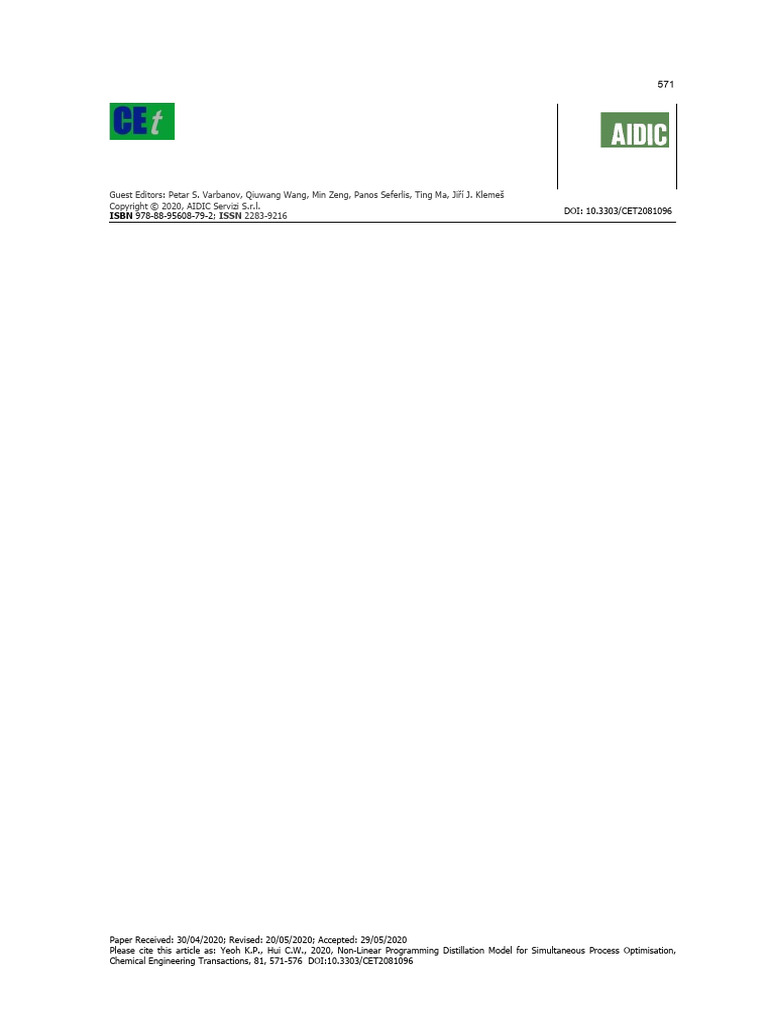 Non-Linear Programming Distillation Model For Simultaneous Process ...