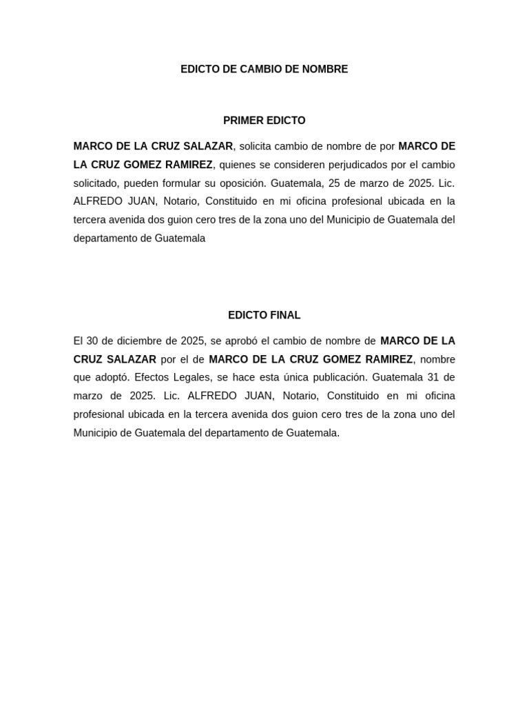 Edicto de Cambio de Nombre | PDF