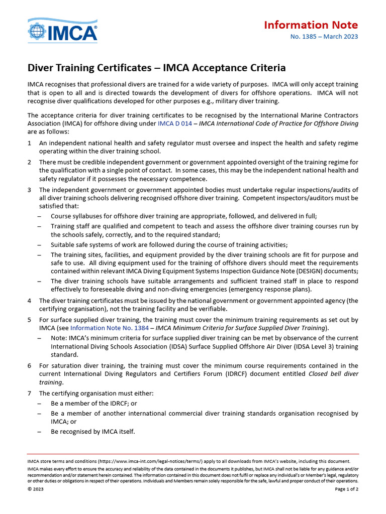 IMCA Information Note - 1385 - March 2023 - Diver Training Certificates ...