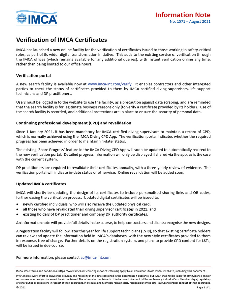 IMCA Certificate Verification Update | PDF | Computing | Information ...