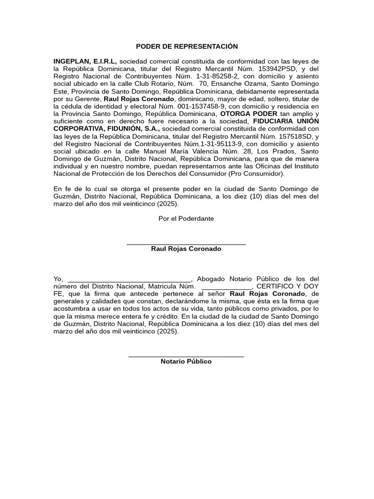 Poder de Representación a Fiduciaria | PDF