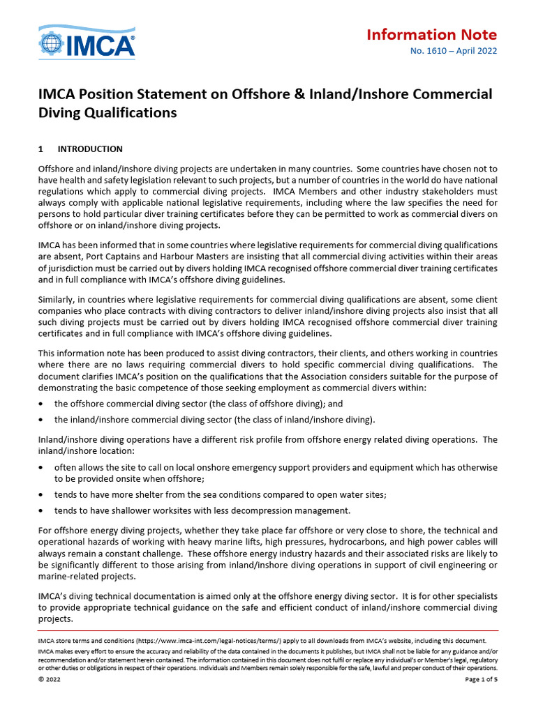 IMCA Information Note - 1610 - April 2022 - IMCA Position Statement On ...