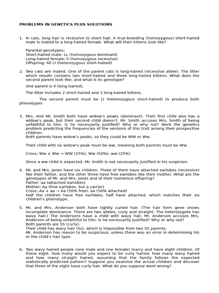 Problems in Genetics Plus Solutions | PDF | Dominance (Genetics) | Zygosity