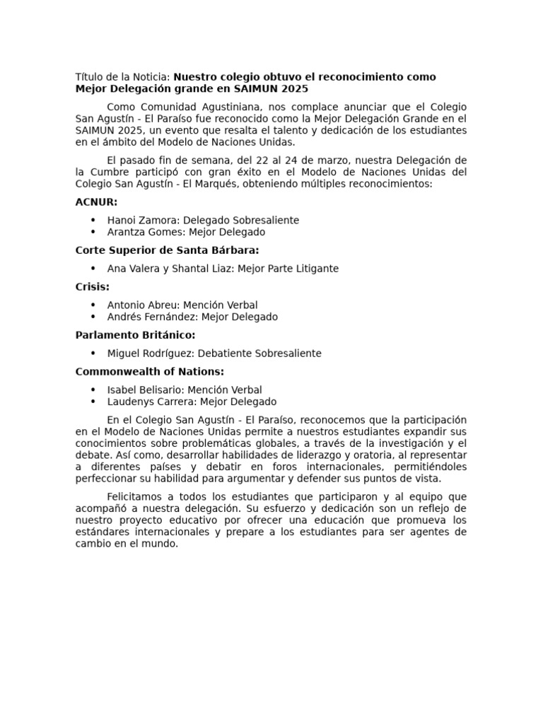 Mejor Delegación en SAIMUN 2025 | PDF