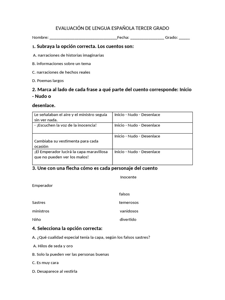 EVALUACION 4 EL CUENTO Tercer Grado | PDF