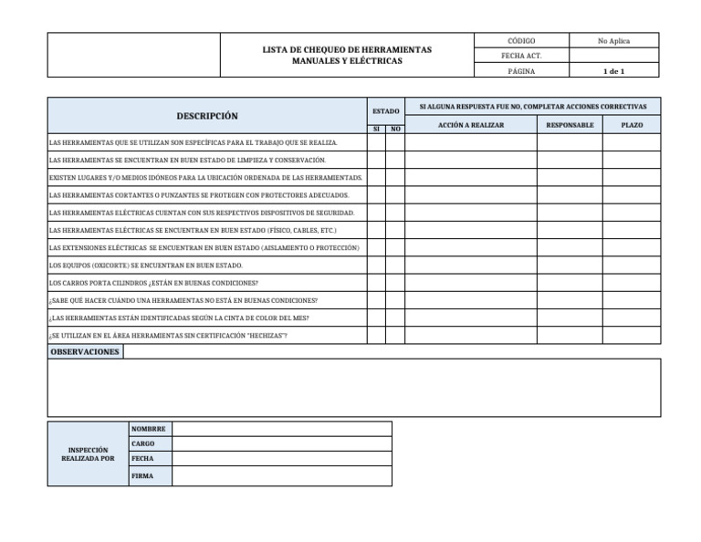 Lista de Chequeo Herramientas codigo. | PDF