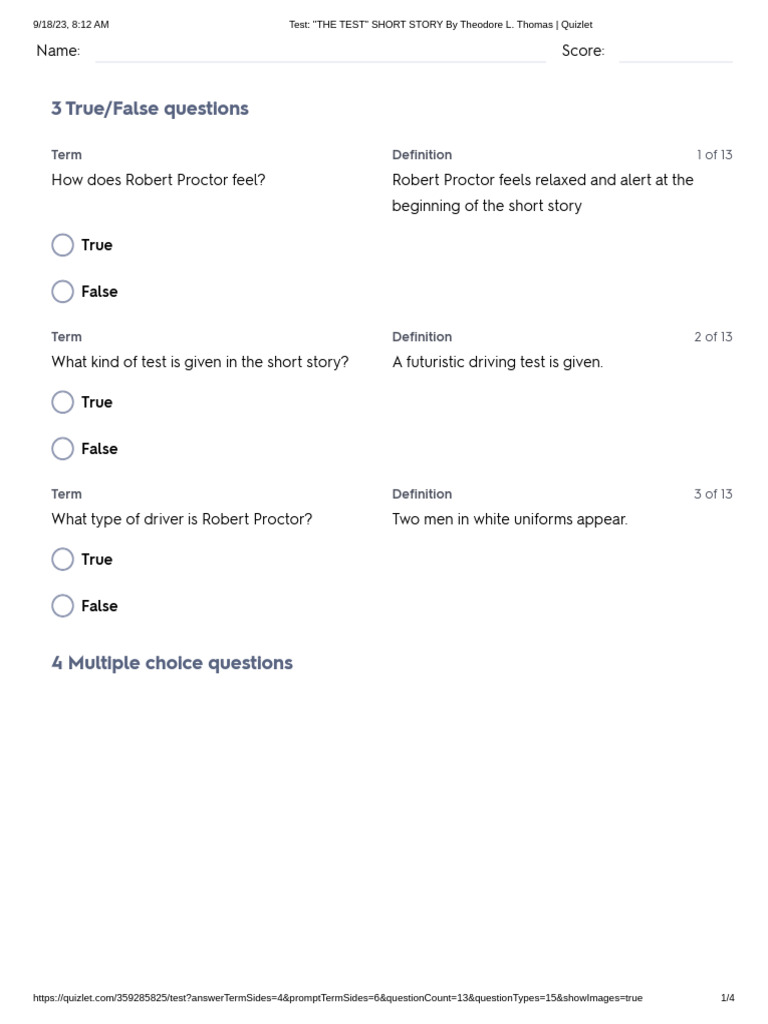 Test - THE TEST - SHORT STORY by Theodore L. Thomas - Quizlet | PDF