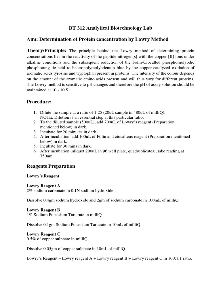 Lowry Method for Protein Estimation | PDF | Chemistry | Chemical Substances