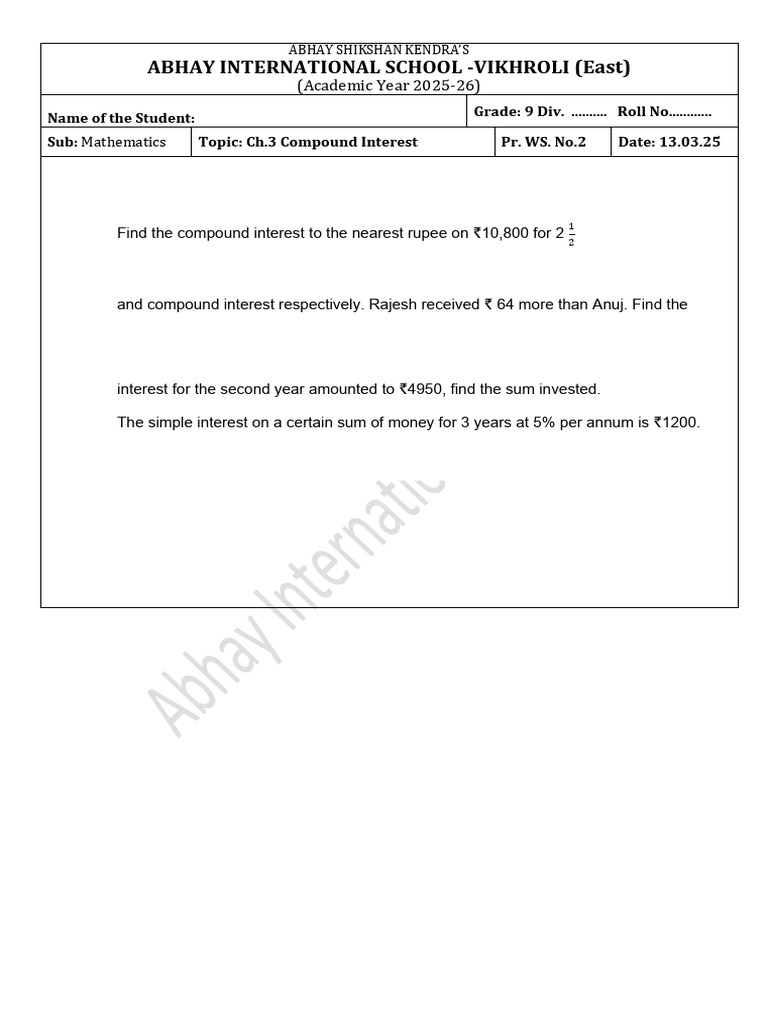 Grade 9 Compound Interest Worksheet | PDF