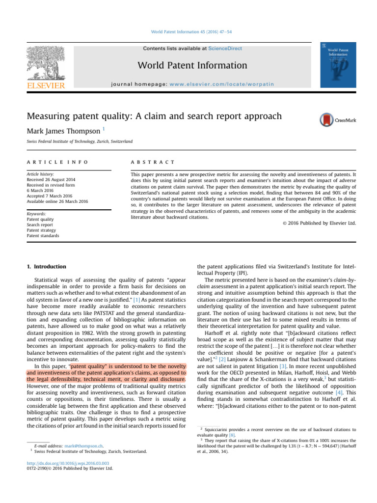 Patent Quality Metrics in Switzerland | PDF | Prior Art | Patent