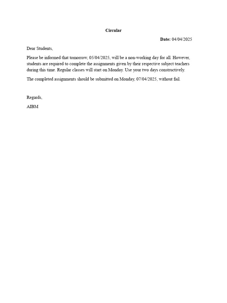 Non-Working Day Announcement for Students | PDF
