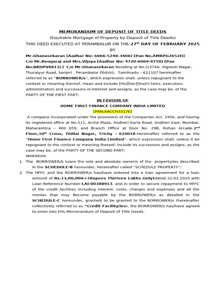 Memorandum of Deposit of Title Deeds | PDF | Mortgage Law | Property Law