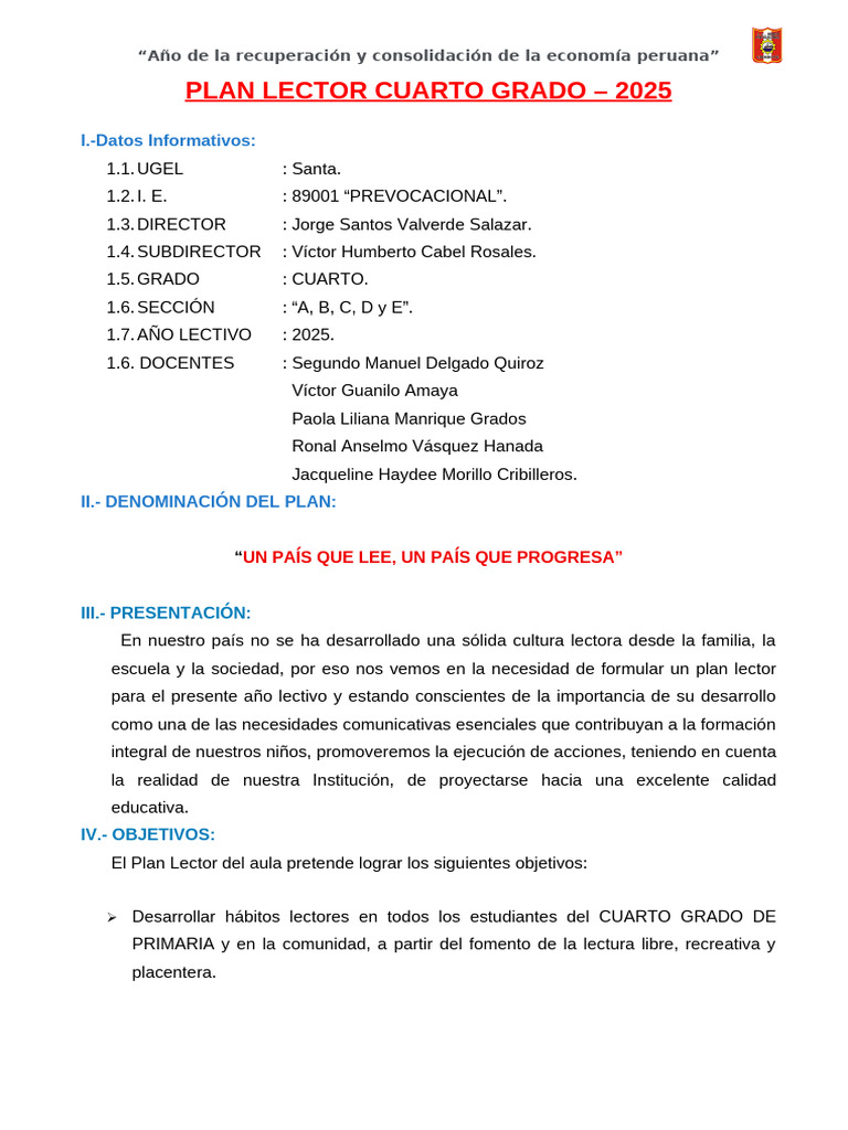 2025 Plan Lector Cuarto Grado | PDF | Pedagogía | Psicología cognitiva