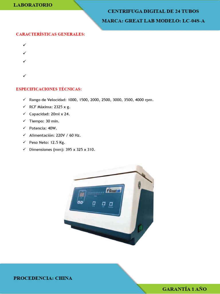 FT Centrifuga Digital de 24 Tubos Great Lab LC 04S A 2 | PDF
