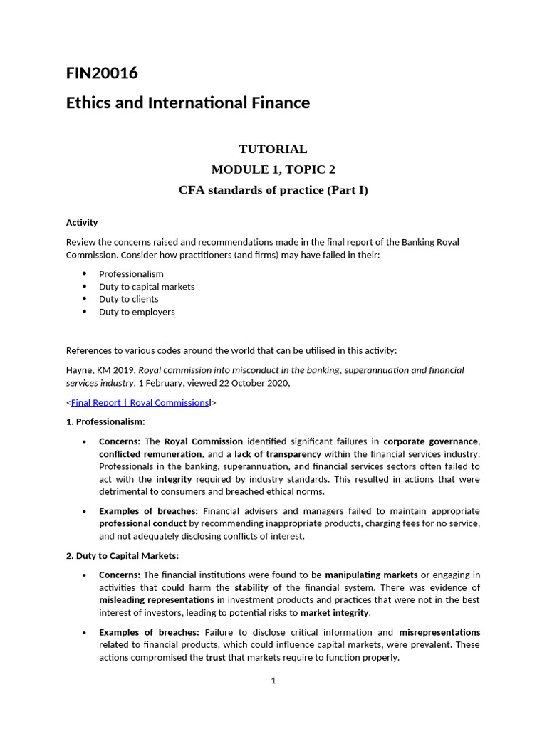 FIN20016 Mod1 Topic2 Tutorial v1 | PDF | Conflict Of Interest | Employment