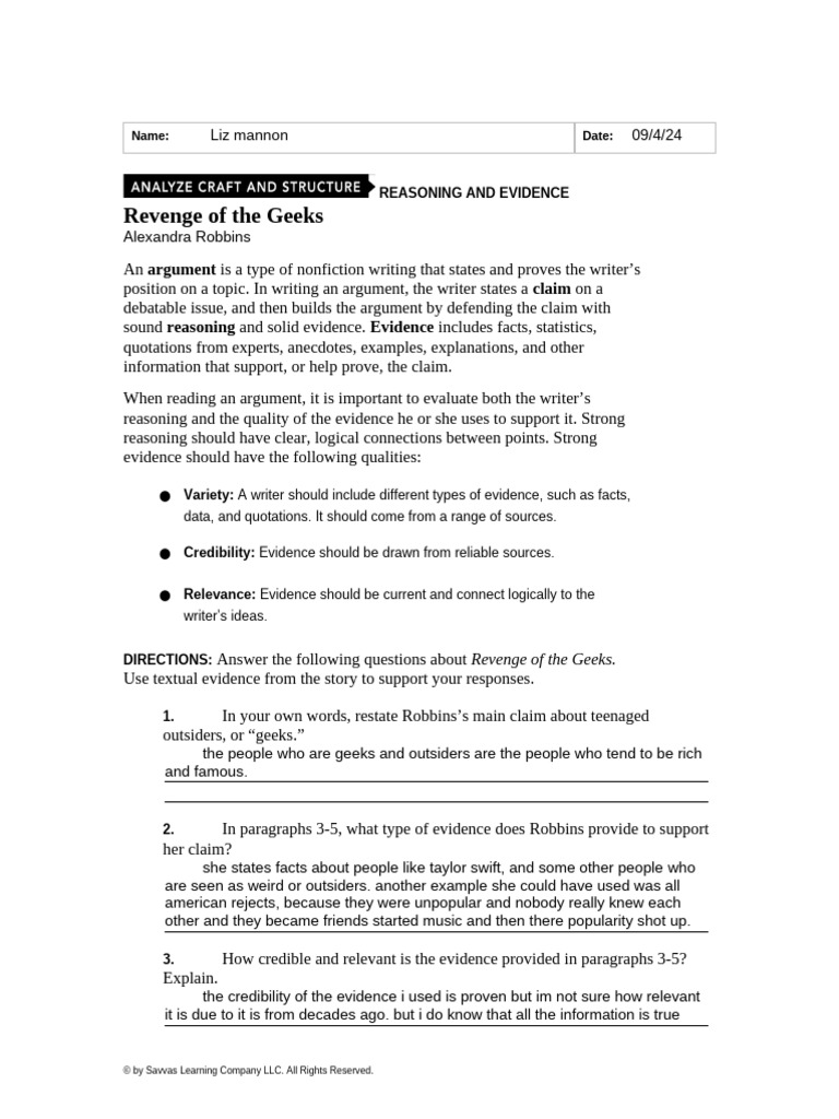Revenge of The Geeks: Analyze Craft and Structure | PDF | Evidence ...