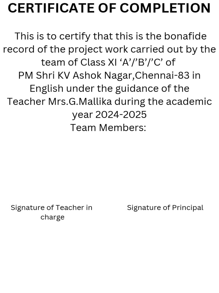 Class XI Project Completion Certificate | PDF